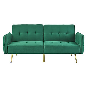 LOPOO 78" Italian Velvet Convertible Futon Sofa Bed, Modern Sleeper Loveseat Couch with Adjustable Armrests, Storage Bags, Gold Stainless Steel Feet, Tufted Back, Foam-Filled, Solid Wood Frame, Green
