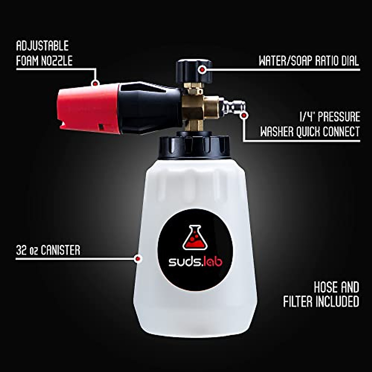 Suds Lab F1 Professional Foam Cannon with 32 ounce Canister, Adjustable Foam Nozzle, Quick Connect Pressure Washer, Clean Dirt, Car Washing