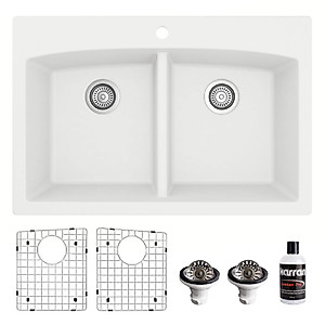 Karran QT-710 Drop-in Quartz Composite 33 in. 1-Hole 50/50 Double Bowl Kitchen Sink Kit in White
