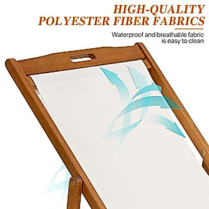 Beach Sling Chair Set Outdoor Lounge Chairs Set of 2 Pack Patio Furniture Portable Folding Reclining Wooden Adjustable Frame Solid Eucalyptus Wood with White Polyester Canvas 3-Position
