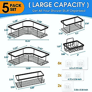 Corner Shower Caddy, 5 Pack Adhesive Organizer Stainless Steel Bathroom Shelves with Holder & 14 Hooks No Drilling Wall Mounted Storage Rack Shelf for Inside Shower, Black