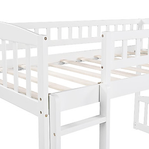 Twin Size Low Loft Bed with Slide and Ladder, Wooden Loft Bed Frame for Kids Girls Boys – White