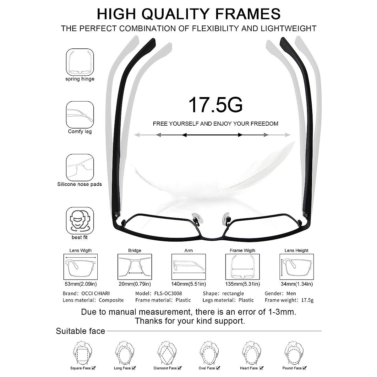 OCCI CHIARI Anti Blue Light Glasses for men - Computer Glasses Men - Black Eyewear Frame - Game Glasses for Men