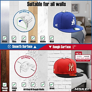 MSKEI Hat Hooks for Wall - 2 Different Ways Hat Racks & Display Baseball Caps, Adhesive Hat Wall Hanger, Hat Organizer Holder (Transparent, 12 Pack)