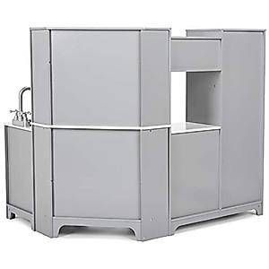 Amazon Basics Kids Corner Wooden Kitchen Toy Playset with Stove, Oven, Sink, Fridge and Accessories, for Toddlers, Preschoolers, Children Age 3+ Years, White & Gray, 39.37"L x 28.35"W x 35.04"H