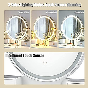 Vanity Set, Touch-Screen LED Round Mirror, Dressing Table with Cushioned Stool, 4 Storage Drawers &Spacious Desktop, 3 Adjustable Light Colors, Makeup Table and Stool Set for Women Girls, White + Gray