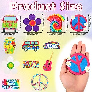 36 Pieces 60 70's Hippie Groovy Party Tie Dye Birthday Wooden Hanging Ornaments Hippy Retro Flower Peace Sign Wooden Hanging Ornaments for 60's Vibe Party Decoration DIY Craft