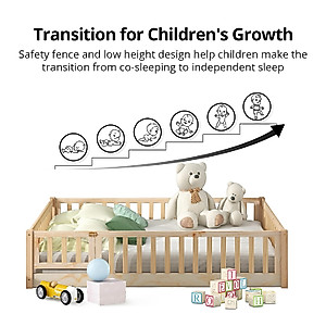 i-POOK Full Floor Bed for Children, Sturdy Wood Montessori Bed Frame with Wood Slats, Fence & Door, Montessori Floor Bed for Girls and Boys, Natural (with Bed Slats)