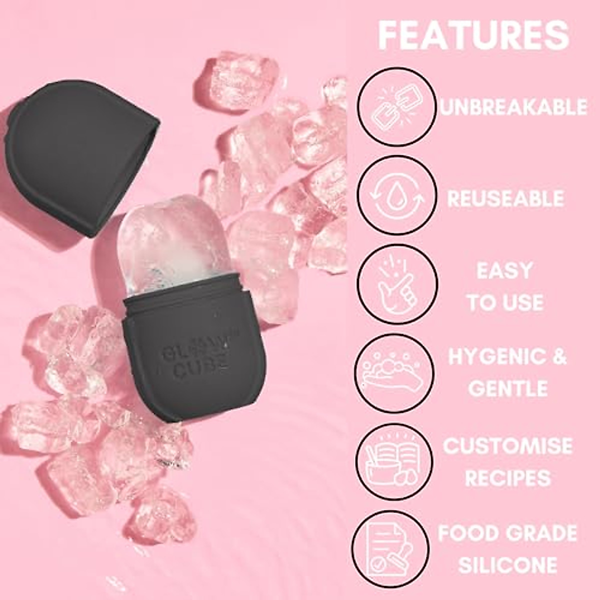 Glow Cube Ice Roller For Face Eyes and Neck To Brighten Skin & Enhance Your Natural Glow/Reusable Facial Tool to Tighten & Tone Skin & De-Puff The Eye Area (Black)