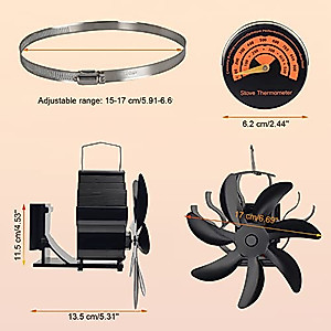 LAMA Heat Powered Wood Stove Fan, Upgrade 7 Blades Flue Pipe Hanging Fireplace Fan, Heat Activated Fan, Log Burner Fan with Stove Thermometer for Wood Burning Stove/Gas/Pellet/Log, Black