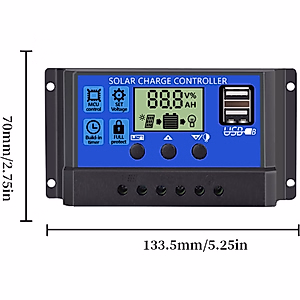 12V/ 24V Auto Solar Charge Controller Photovoltaic Panel Regulator with Adjustable LCD Display Dual USB Port Timer Setting PWM Auto Parameter (30 A)