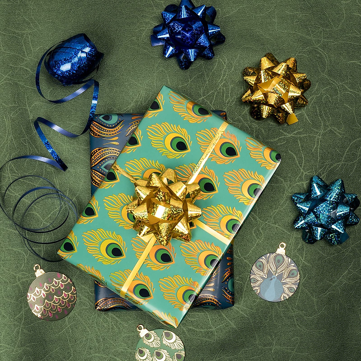 WRAPAHOLIC Peacock Christmas Wrapping Paper Roll - Green Peacock Elements Patterns with Metallic Foil Shine - 4 Rolls - 30 Inch x 120 Inch Per Roll