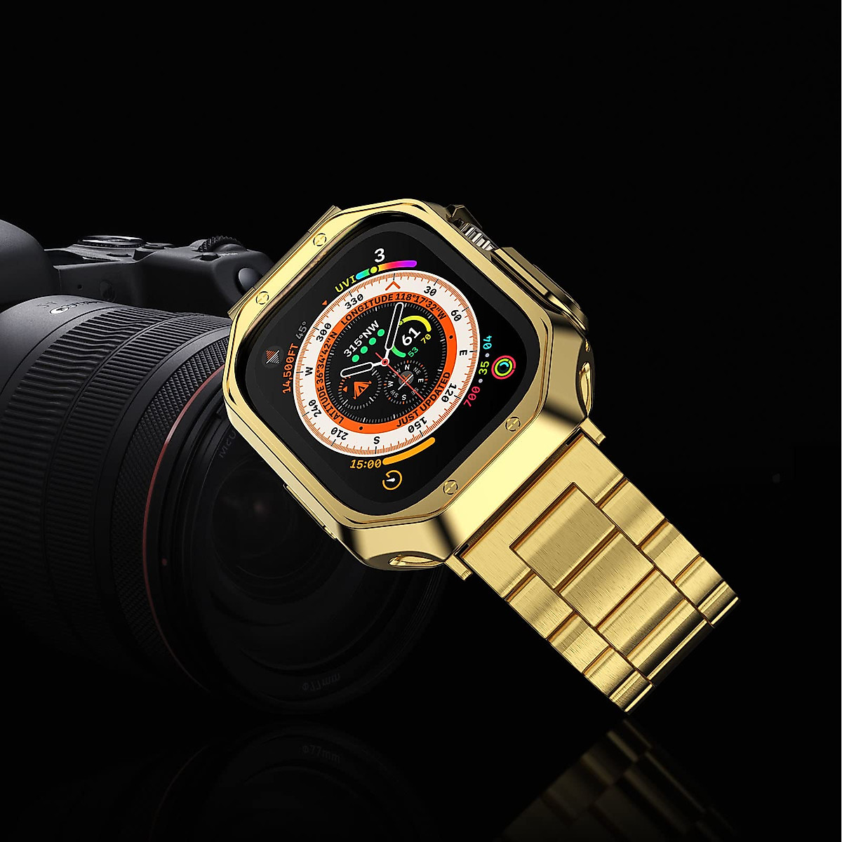 Compatible with Apple Watch Ultra 2 Band and Case, Stainless Steel Metal Chain with TPU Cover, Smart-Watch Link Bracelet Strap for men, Wrist-Band for i-Watch Ultra, 49mm, Gold