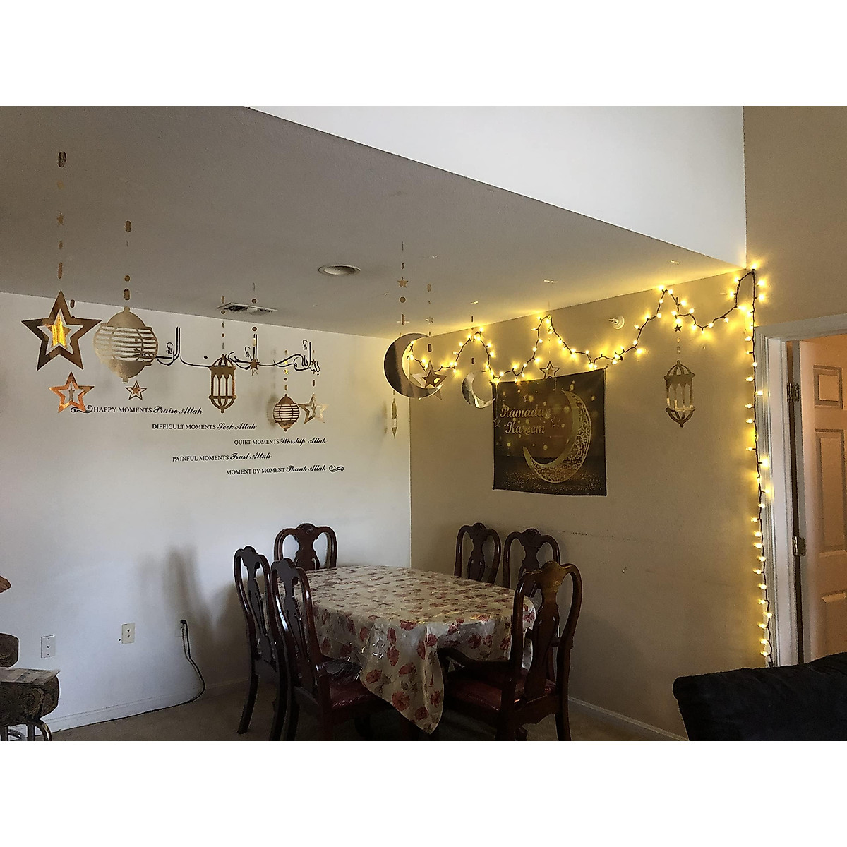 16pcs Islamic Gold Star Crescent Moon Lantern Ramadan Garland EID Decoration Home Happy Ramadan Mubarak Party Decor Hanging Streamer Wedding Backdrop Banner Aladdin Birthday Party Supplies