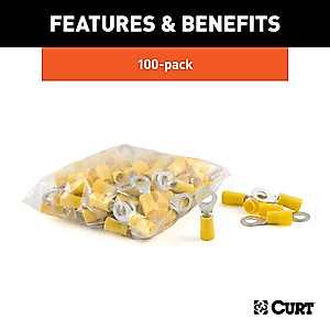 CURT 59534 12-10 Gauge Yellow Vinyl-Insulated Ring Terminal Wire Connectors, 1/4-Inch Stud, 100-Pack