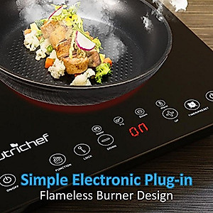 NutriChef Double Induction Cooktop - Portable 120V Digital Ceramic Dual Burner w/ Kids Safety Lock - Works with Flat Cast Iron Pan,1800 Watt,Touch Sensor Control, 12 Controls - PKSTIND48, Black