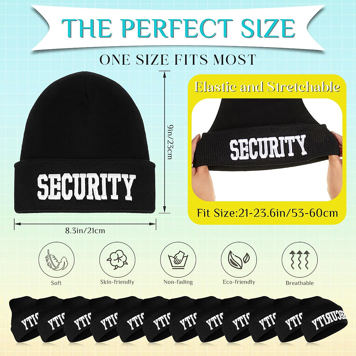 Panitay 12 Pcs Cuffed Beanie Knitted Beanie Hat Embroidered Hat Black Winter Skull Cap for Men Women (Black, White,Security)