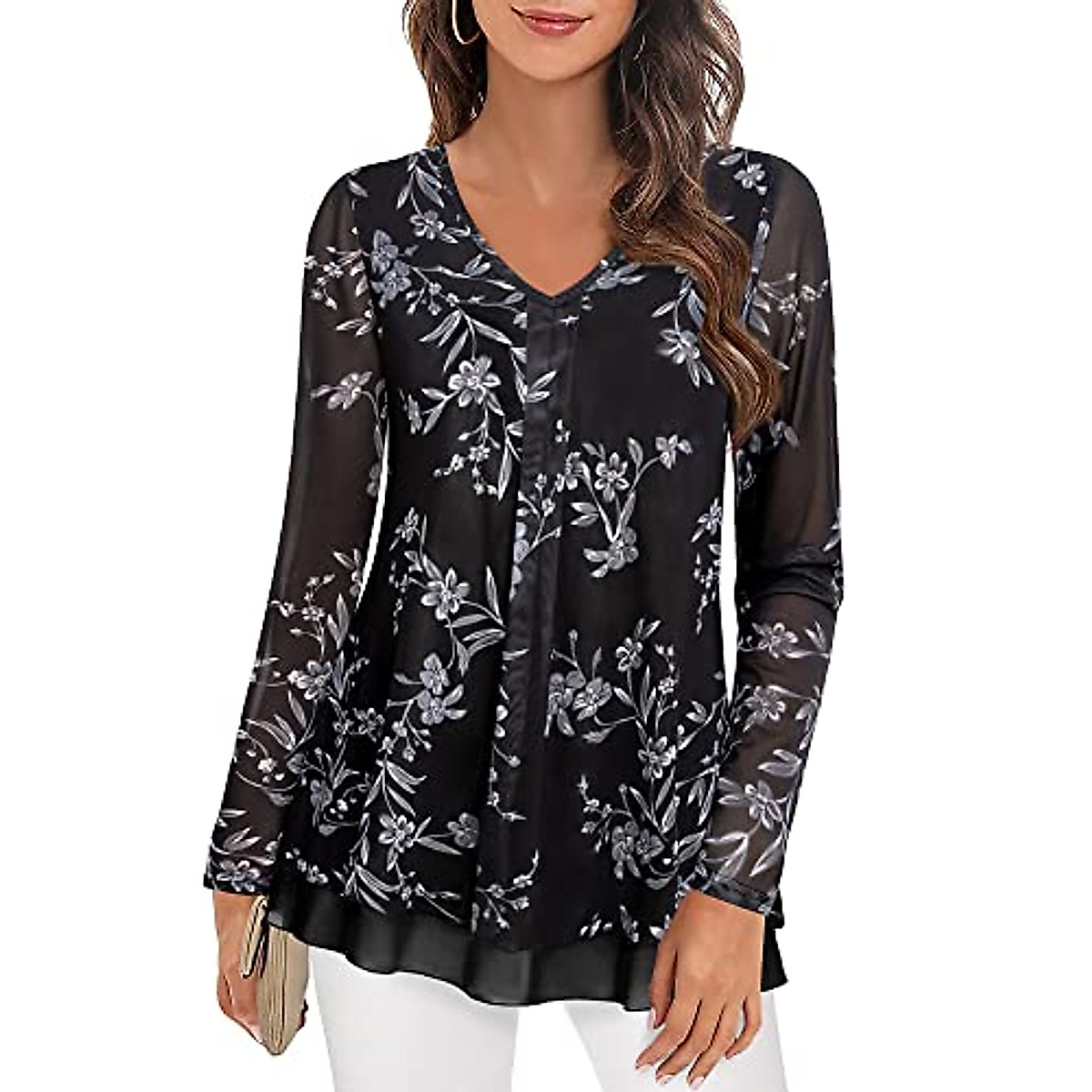 Triratna Women's Tunic Tops Work Blouses for Women Office Professional Pleated Front Ruffle Hem V Neck Double Layers Fancy Gorgeous Tunic Shirts Vacation Dressy Tops Black-White Floral,L