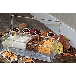 Oaklyn Large Clear Condiment Server Organizer on Ice with Containers and Lid – BPA-Free Serving Bar Compartments and Plastic Box Tray – Chilled Caddy Dispenser Set - Holds 80 oz Total