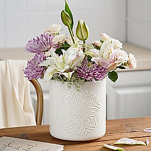 MIKIGEY Kitchen Utensil Holder, 7.2” Large Ceramic Cooking Utensil Holder with Cork Mat for Countertop, Utensil Crock for Farmhouse Kitchen Decor, Ceramic Stable Utensil Caddy, White