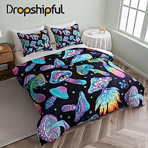 Dropshipful Cute Mushroom Bedding Sets, Twin Cartoon Mushroom Comforter Set, Mushroom Gifts for Women 3PC Black Comforter and 2 Pillowcases
