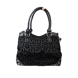 Lost Queen Black Goth Steampunk Flocked Ribcage Skeleton Cameo Handbag Shoulder Bag, Large