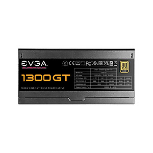 EVGA 1300 GT, 80 Plus Gold 1300W, Fully Modular, Eco Mode with FDB Fan, 100% Japanese Capacitors, 10 Year Warranty, Includes Power ON Self Tester, Compact 180mm Size, Power Supply 220-GT-1300-X1