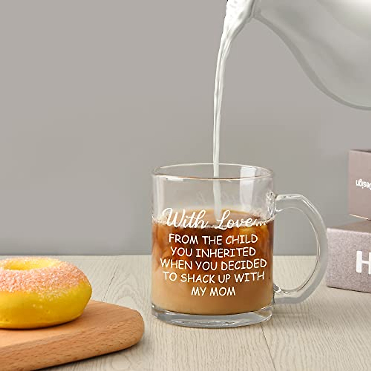 Waipfaru Funny Dad Stepdad Glass Coffee Mugs, With Love from the Child You Inherited Clear Coffee Mugs Cups with Handle, Christmas Father’ s Day Gifts for Stepdad Stepfather from Stepdaughter Stepsons