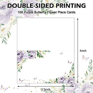 Whaline 100Pcs Floral Butterfly Place Cards 2 x 3.5 Inch Watercolor Purple Flower Tented Cards Table Name Sign for Party Banquet Reception Table Setting Supplies