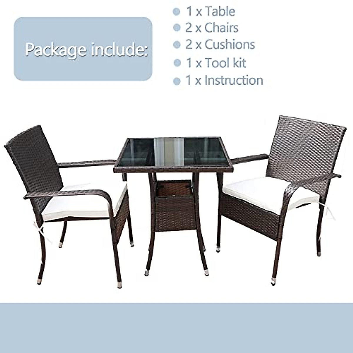 G GVM-US Outdoor Small Patio Table and Chairs Deck Furniture Set for 2, Wicker Glass Cafe & Dining Table Set for Bistro Balcony Lawn
