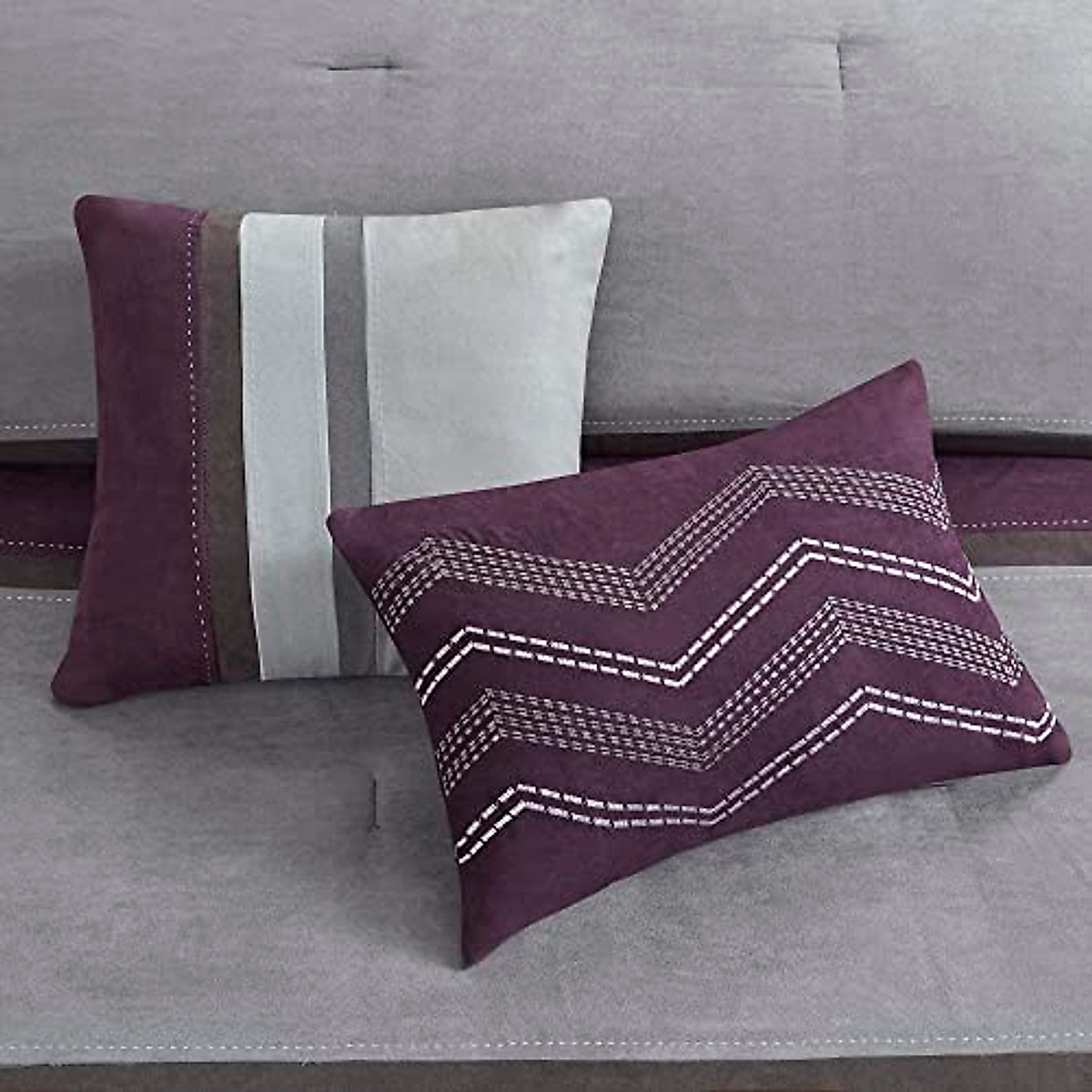 Madison Park Palisades Comforter Set Modern Faux Suede Pieced Stripe Design, All Season Down Alternative Cozy Bedding with Matching Shams, Decorative Pillows, Queen(90"x90"), Purple 7 Piece
