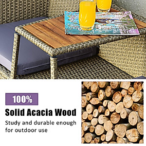 Tangkula Outdoor Rattan Loveseat, Patio 2-Person Wicker Conversation Set w/Cushion, Modern Wicker Sofa Set with Built-in Acacia Wood Tabletop & Storage Space for Backyard Poolside Lawn (Grey)