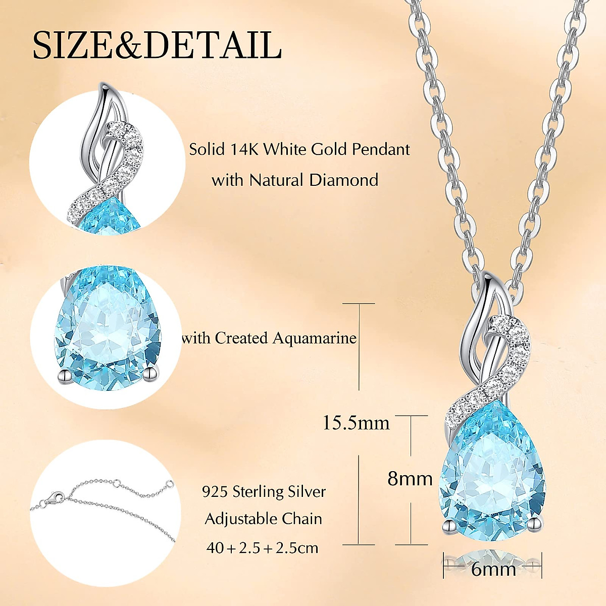 FANCIME Aquamarine Necklace March Birthstone Necklace 14K Solid White Gold Teardrop Pendant with Diamond Birthday Gifts Jewelry for Mom Women