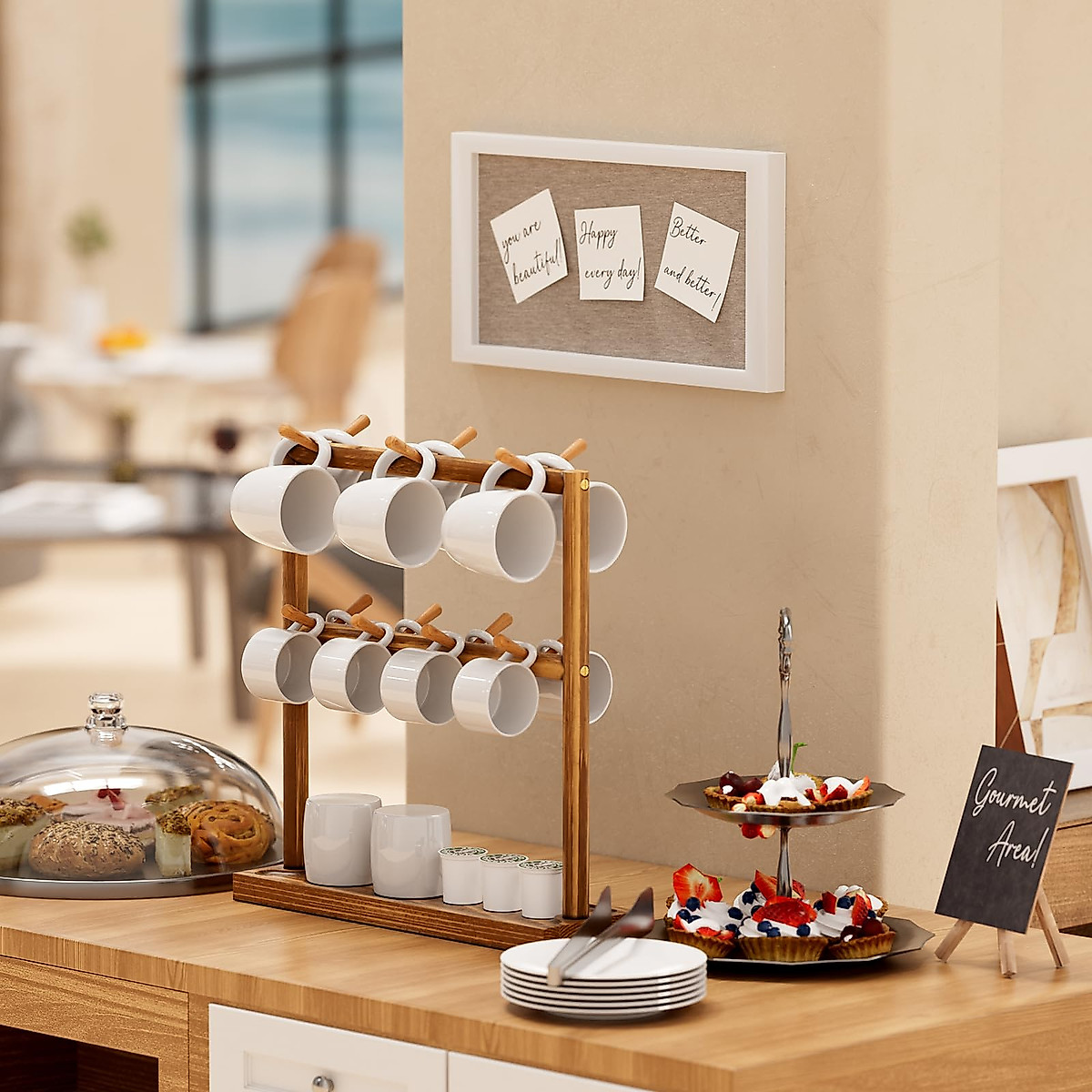 Puricon Mug Holder Coffee Cup Shelf for Counter, 2 Tier Wood Mug Tree Stand Organizer with 14 Sturdy Hooks and Storage Base, Double Sides Tea Cups Display Rack for Large and Small Mugs -Oak