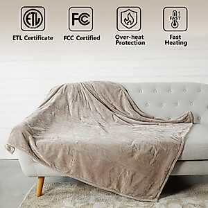 Tefici Electric Heated Blanket Throw, Super Cozy Soft Flannel 50" x 60" Heated Throw with 3 Fast Heating Levels & 4 Hours Auto Off, Machine Washable, ETL&FCC Certification, Home Office Use, Camel