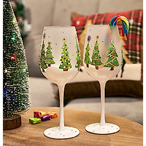 Winter Birthday Themed Stemmed Wine & Water Glasses - Set of 2 - Shining Holiday Red Green Yellow Silver, Holidays Parties Glassware - Xmas Tree - Set of 2, 17.5oz - New years Eve Festive Glass