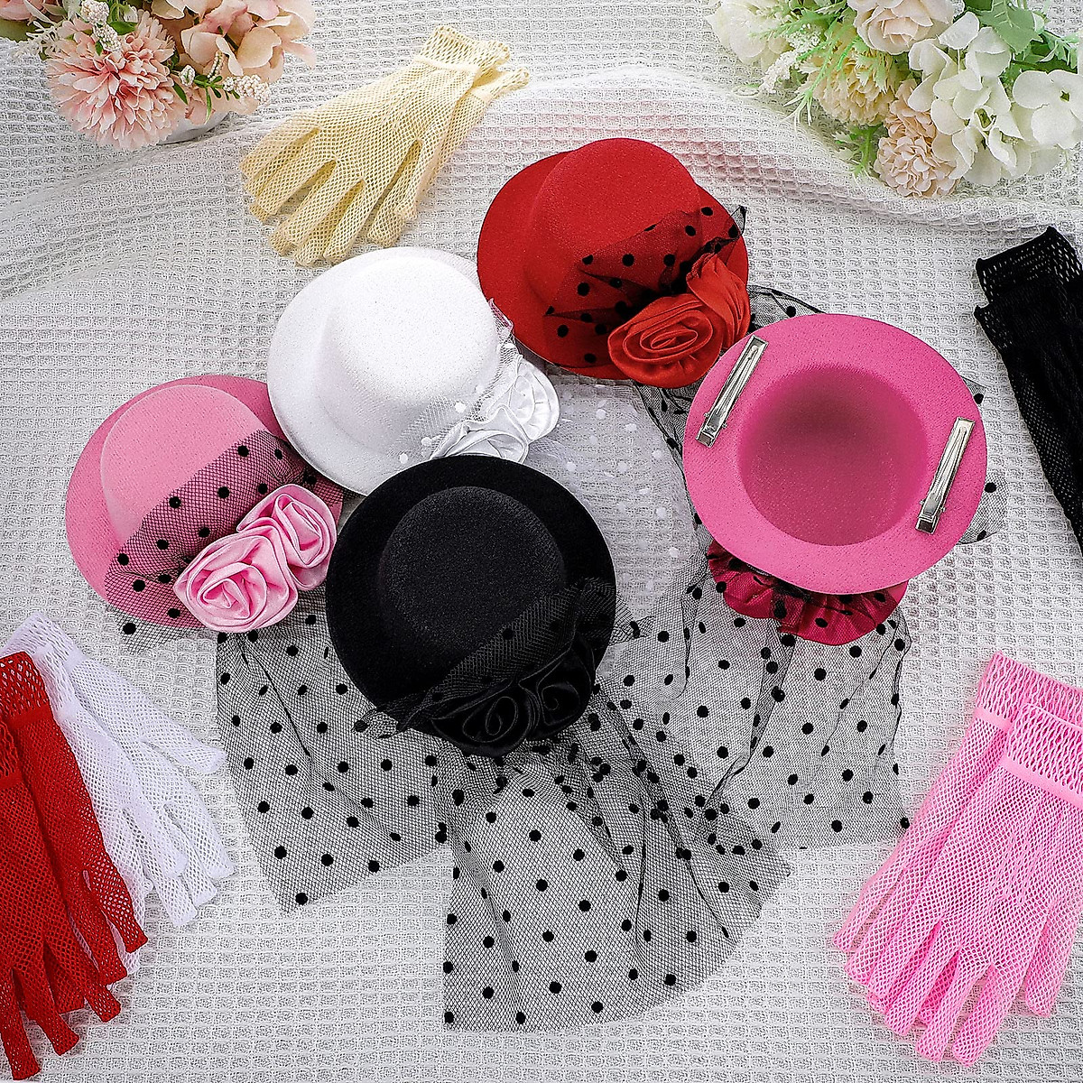 Chunyin Girls Tea Party Hats Mini Hat Hair Clip Fascinator Veil Mesh Hat and Gloves Sets Tea Party Accessories for Girls Kids Children 5.3'' Diam