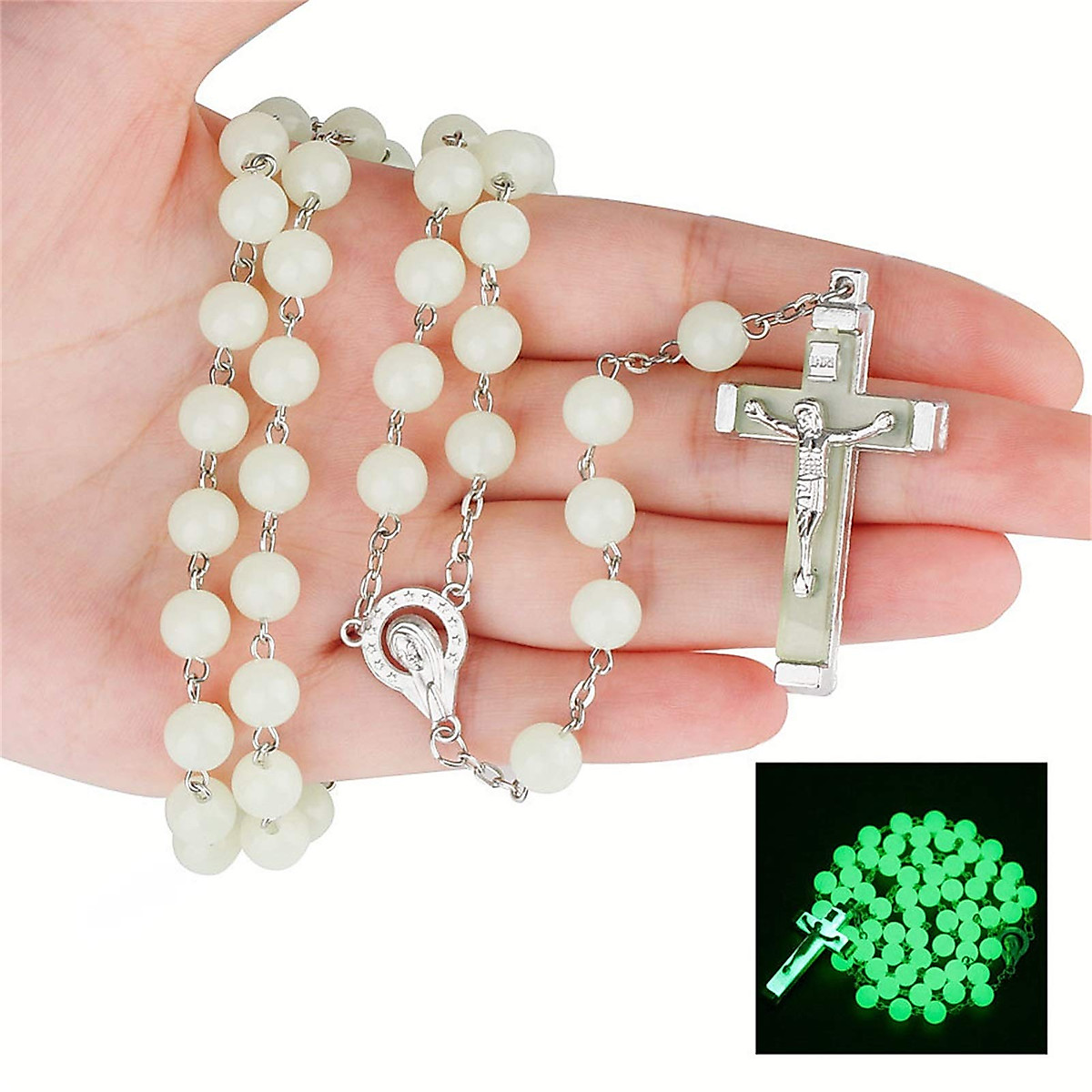 Pingyongchang Glow in The Dark Rosary Luminous Necklace Glow in The Dark Cross Y Necklaces Catholic Round Beads Religious Jesus Crucifix Rosary Chains for Women Men