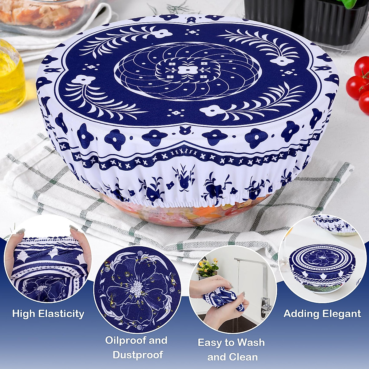 5 Pieces Bowl Covers Reusable, 5 Size Stretch Cloth Bowl Covers for Bread Proofing Cotton Fabric Elastic Bowl Covers Reusable Food Covers Washable for Food Fruits Leftover (Blue)