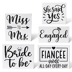 WATINC Engagement Party Centerpieces Decorations - 5pcs Miss to Mrs Engaged Wood Sign Tables Decor, Sweet Engagement Tabletop Tiered Tray Gift for Bridal Shower Bachelorette Betrothal Party (Black & White)