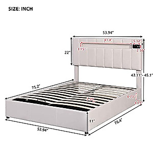 ATY Full Size Platform Bed with LED Light, Upholstered Bedframe w/Bluetooth Player, USB Charging and Hydraulic Storage, Save Space Design, Multifuctional, for Bedroom, Guestroom, Hotel, Beige