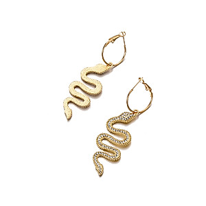 Balirek Snake Earring & Necklace 14K Gold Plated Dangle Earrings Personalized Punk Animal Hypoallergenic Fashion Rhinestone Ear Jewelry Set for Women