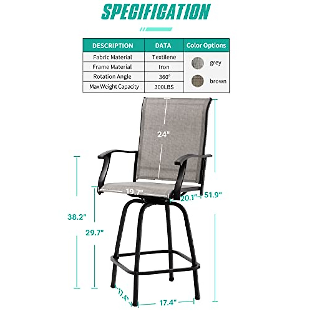 JINLLY Outdoor Swivel Bar Stools Set of 4, Patio Height Bar Stool Chairs with Metal Frame and Textilene Fabric, 30 Inch Garden Counter Height Swivel Bistro High Barstools, Grey