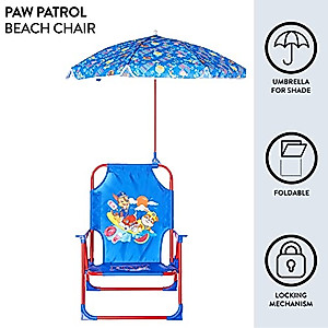 Idea Nuova Paw Patrol Kids Outdoor Folding Beach Chair with Umbrella, Ages 3+
