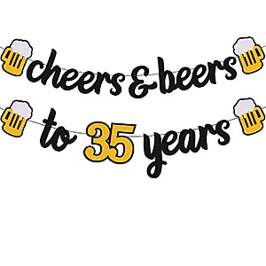 Cheers 35 Years Banner 35th Birthday Decorations for Men Women Him Her 35s Happy Birthday Theme Wedding Anniversary Party Supplies Black Sparkle Decorations Pre-strung