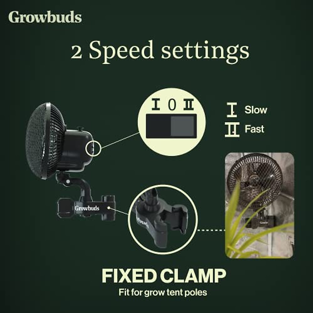 Growbuds 6 Inch Oscillating Clip-On Fan For Grow Tents, Quiet Variable 2-Speed Settings, Humidity-Resistant Motor, Fully Adjustable Sturdy Clip