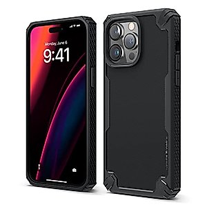 Elago Armor iPhone 14 Pro Max 6.7" Case - Military Grade Drop Protection, Heavy-Duty Carbon Fiber Texture, Shockproof Bumper (Black)