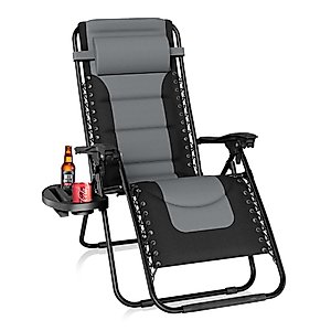 PHI VILLA Padded Zero Gravity Lounge Chair Folding Patio Recliner with Adjustable Headrest & Cup Holder, Support 350 LBS (Grey)