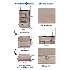 ELEZAY Hanging Packing Cubes Portable Closet Shelves Travel Collapsible Compression Garment Organizer for Carry-on Luggage Suitcase with Breathable Perforated Material Large_11.8*11.8*24 IN, Beige