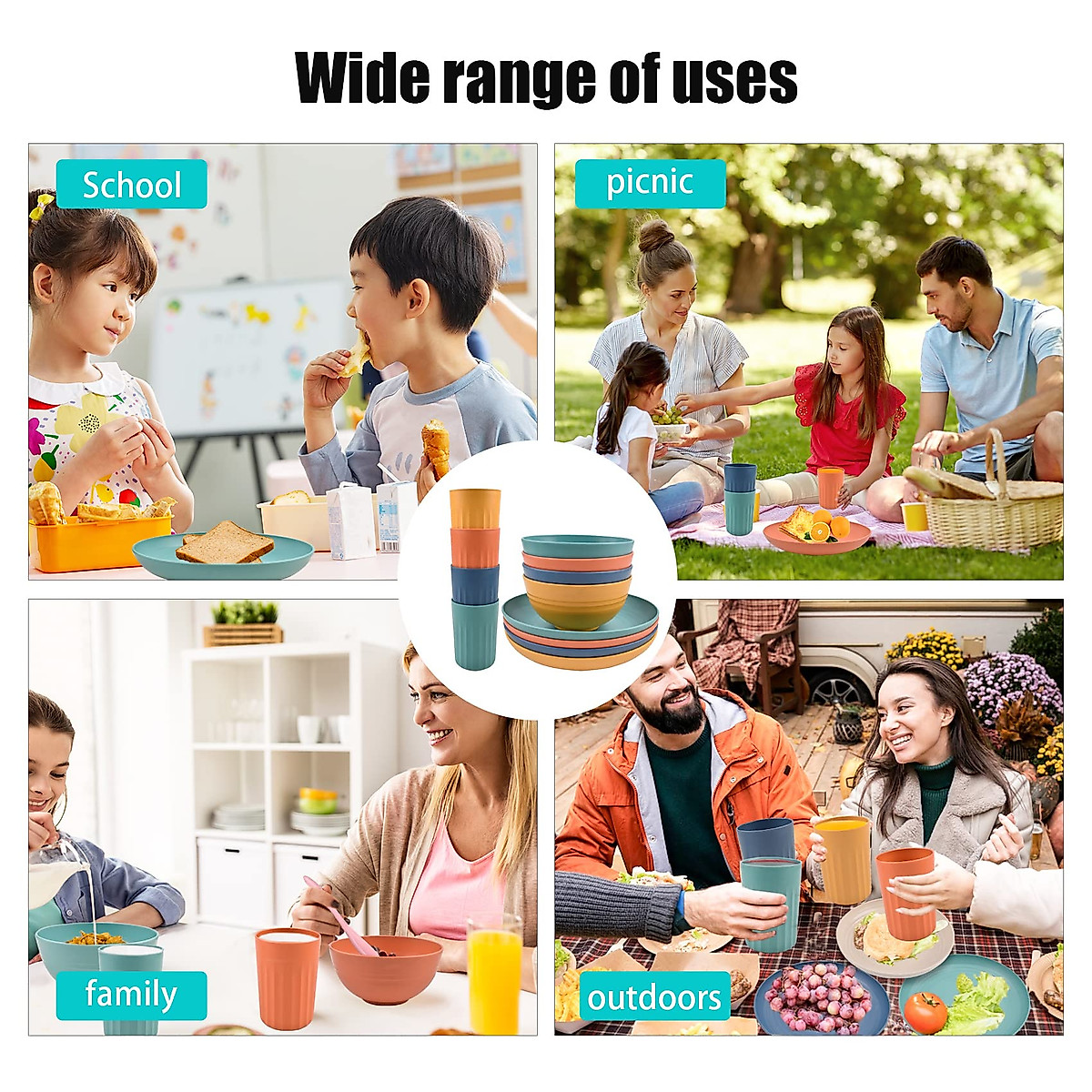 12pcs Wheat Straw Unbreakable Dinnerware Sets, Reusable Lightweight Bowls, Cups, Plates Set,Outdoor Camping Dishes, Cereal Bowls for Adult, Microwave & Dishwasher Safe
